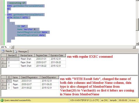 executing stored procedure with result sets in sql server denali