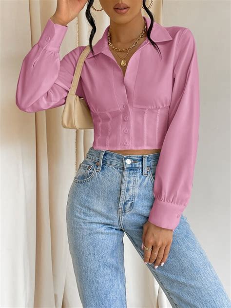 Shein Unity Camisa Sólido Botão Frontal Colheita Shein Brasil