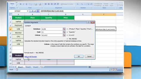 how to use dstdevp function in excel standard deviation youtube