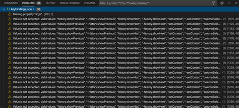value is not accepted warnings in the default keybindings json