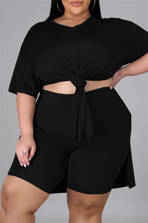 Fashion Black Fashion Casual Solid Slit V Neck Tops Plus Size Two Piece