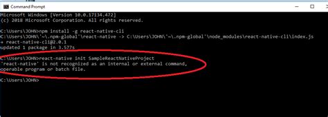 react native installation generates error as react native is not