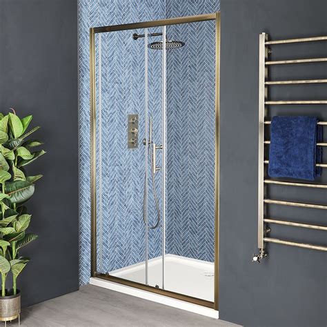 Milano Auro Brushed Gold Sliding Shower Door With Tray Choice Of Sizes