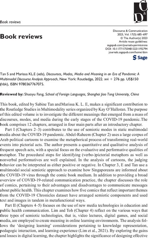 Book Review Tan S And Marissa Kl E Eds Discourses Modes Media And