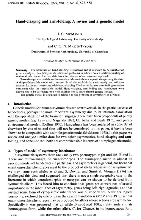 pdf hand clasping and arm folding a review and a genetic model