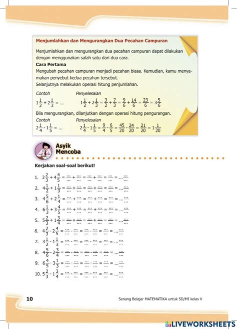 Penjumlahan Dan Pengurangan Pecahan Campuran Interactive Worksheet