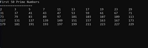 display first 50 prime numbers in c programming pseudocode example