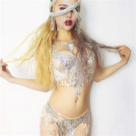 Shining Rhinestone Bikini Outfit Women Sexy Party Costumes Bra Short