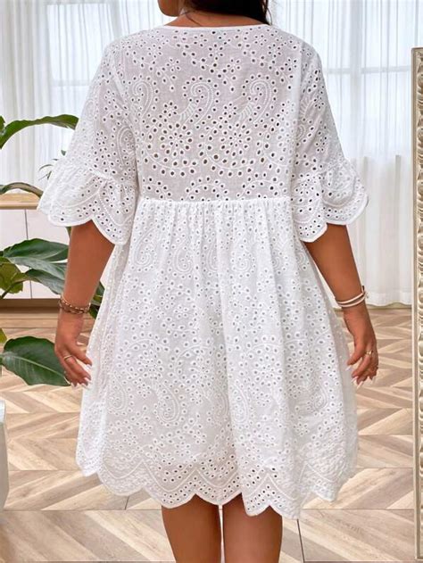 Shein Vcay Plus Eyelet Embroidery Scallop Trim Dress Shein Usa