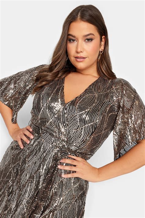 Yours London Plus Size Gold Abstract Print Sequin Double Wrap Dress