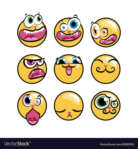 Set Expression Emoticons Set Kawaii Emoji Vector Image