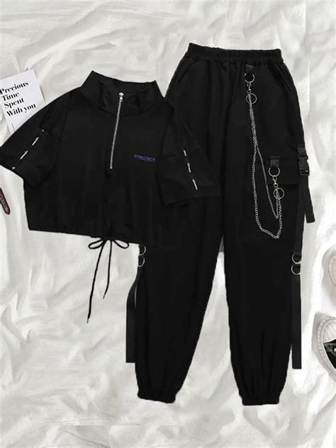 Houzhou Gothic Frauen Schwarz Cargo Hosen Harajuku Punk Kette Hosen