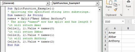 excel vba split function