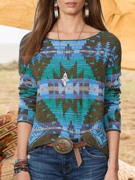 Plus Size Geometric Long Sleeve Boho Tops Noracora