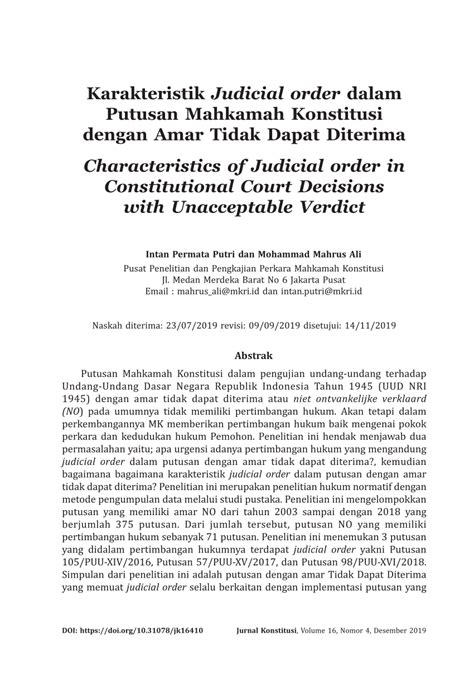 Pdf Karakteristik Judicial Order Dalam Putusan Mahkamah Konstitusi