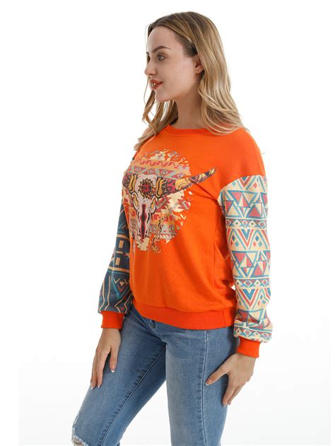 American Bling Women Vintage Bull Skull Aztec Style Sweatshirt Ab H200