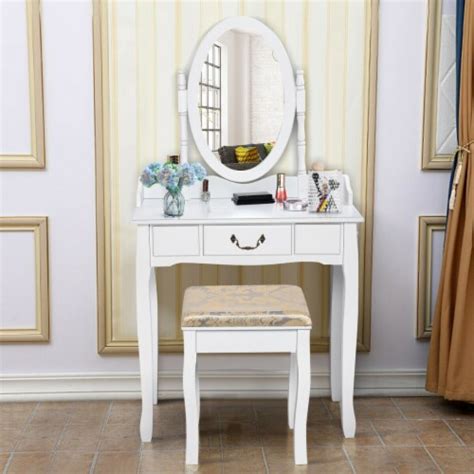 Costway White Vanity Table Jewelry Makeup Desk Bench Dresser Stool 1
