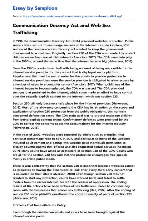 ≫ Communication Decency Act And Web Sex Trafficking Free Essay Sample
