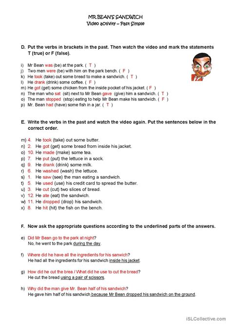 Mr Beans Sandwich Video Or Movi… English Esl Worksheets Pdf And Doc