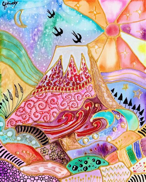 新藤淑子【黄金の赤富士】1点物。真作。原画。絵画。直筆サイン。キャンバスf3号。風景画。富士山。抽象画。めでたき金の赤富士です。 美術品