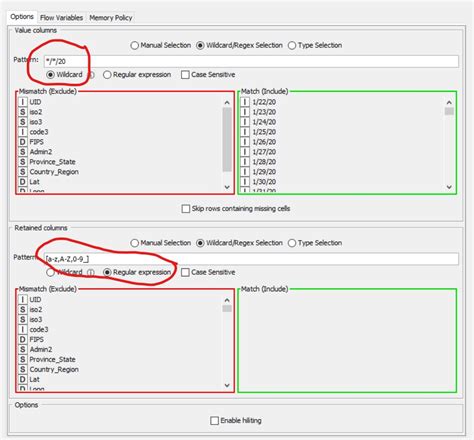 how to write regex in knime unpivoting node to select columns stack