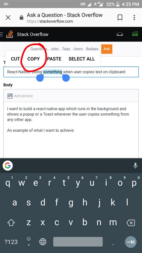 android react native doing something when user copies text on