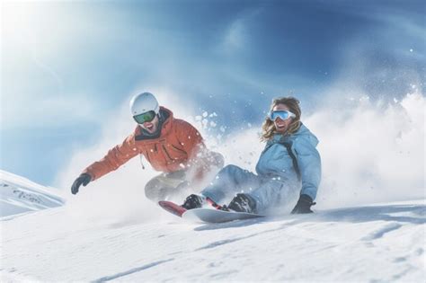 Premium Ai Image Young Couple Snowboarding In Ski Resort