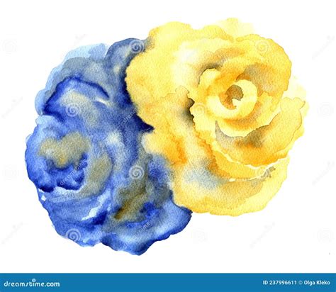 Watercolor Yellow And Blue Roses Handmade Illustration Stock