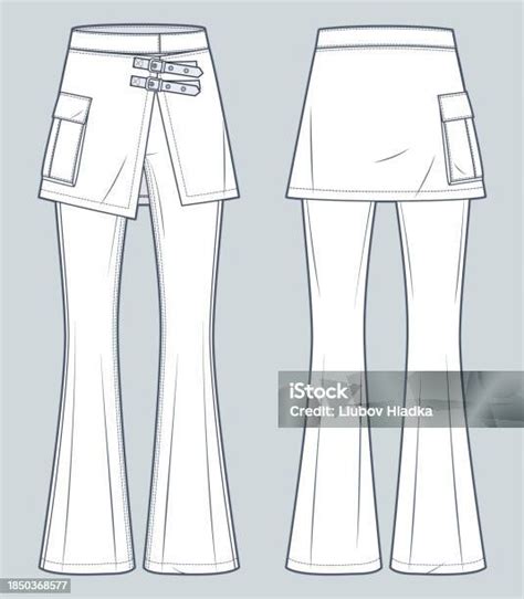 Skirt Over Pants Fashion Flat Technical Drawing Template Flared Pants