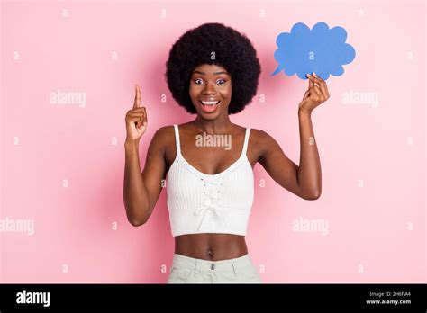 Photo Of Impressed Young Wavy Hairdo Lady Hold Bubble Point Up Wear