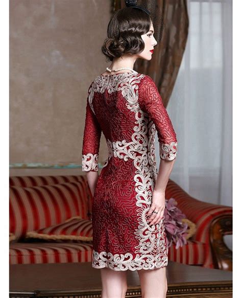Vintage Burgundy Embroidery Cocktail Party Dress For Weddings Formal