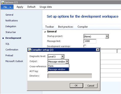 in microsoft dynamics ax 2012 compiler output setting of message