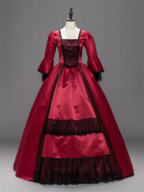 Victorian Dress Costume Womens Red Costume Lace Patchwork Ruffles Half