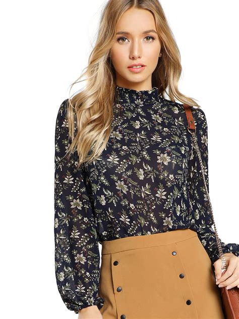 Floerns Floral Print Long Sleeve High Neck Chiffon Blouse