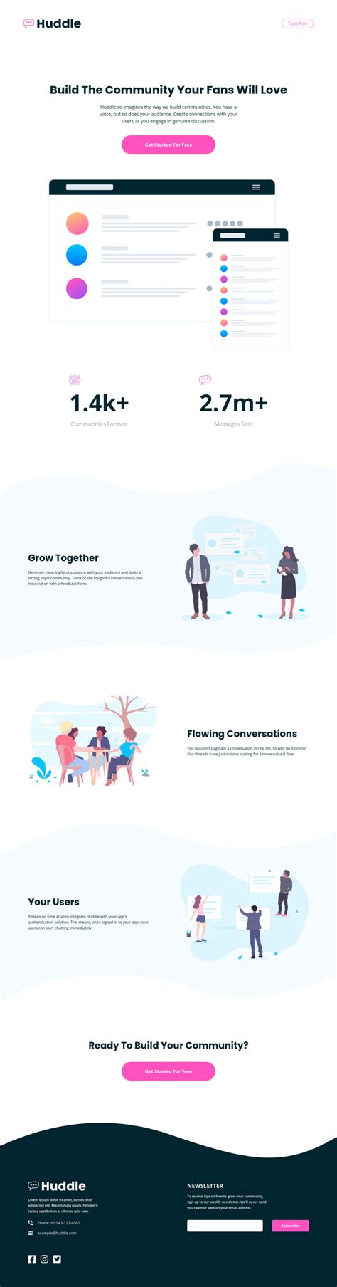 frontend mentor responsive huddle landing page with curved sections