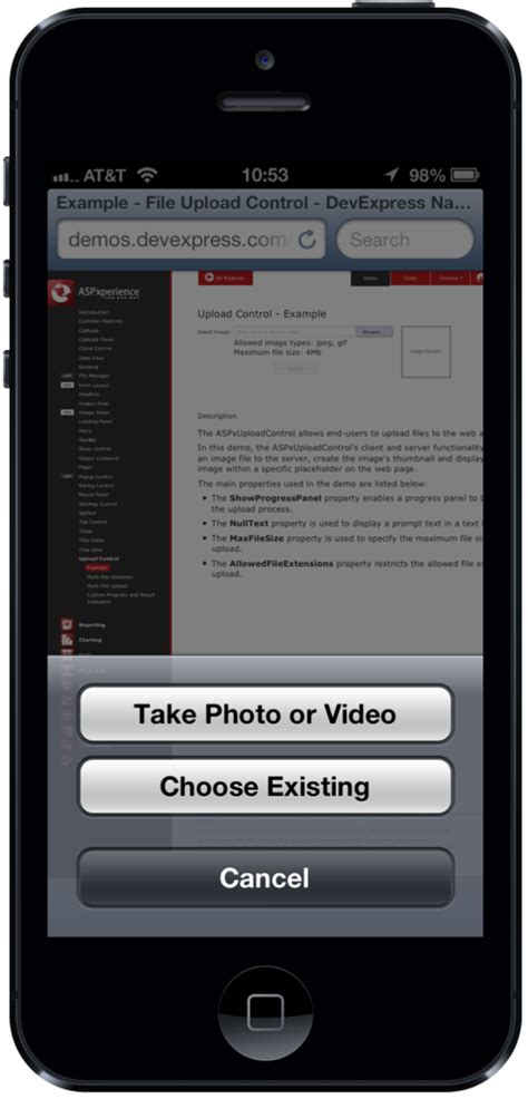 upload pictures from ipad iphone or android using devexpress asp