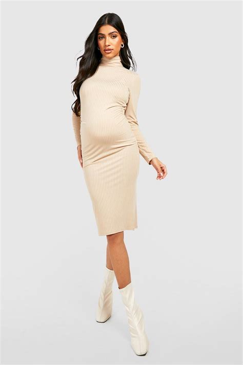 Maternity Rib Roll Neck Midi Dress Boohoo Uk