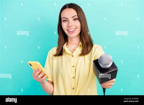 Photo Of Cute Millennial Brunette Lady Take Interview Hold Telephone