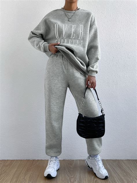 Shein Ezwear Letter Embroidery Drop Shoulder Sweatshirt And Sweatpants
