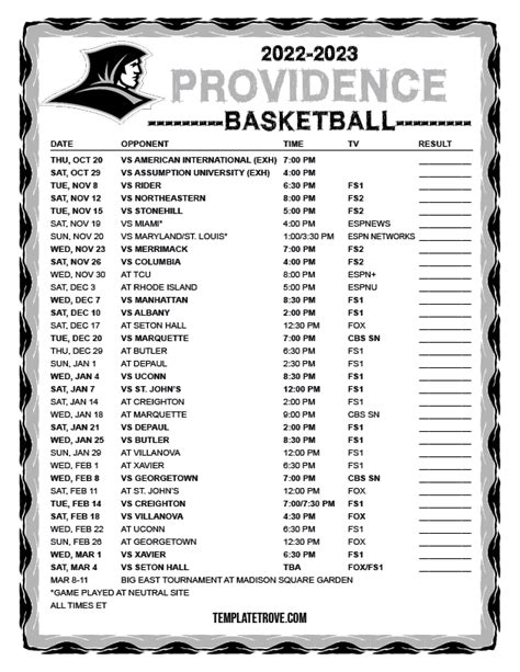 Printable 2022 2023 Providence Friars Basketball Schedule