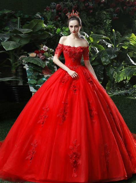 Red Ball Gown Tulle Appliques Off The Shoulder Short Sleeve Wedding