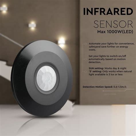 pir motion sensor 360° 6m range maximum 1000 watt ip20 black intoled