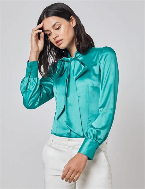 Plain Satin Womens Fitted Blouse With Single Cuff And Pussy Bow In