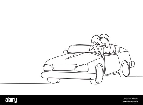 Continuous One Line Drawing Romantic Arabic Couple Riding Car Going On