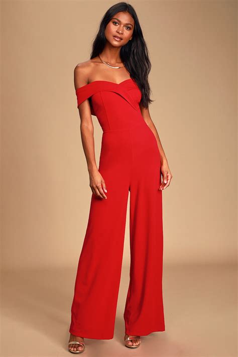 Red Jumpsuit Off The Shoulder Jumpsuit Wide Leg Jumpsuit Lulus
