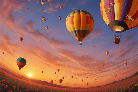 Globo Aerostático Lleno De Flores Y Mariposas Alrededor Del Cielo