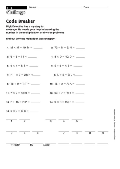 code breaker math worksheet with answers printable pdf download