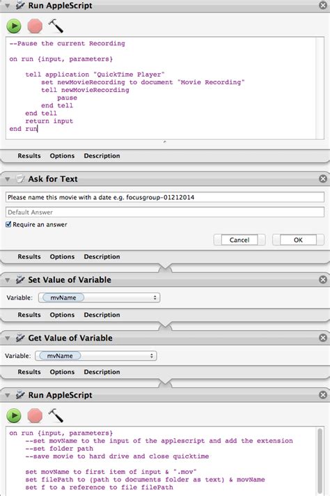 applescript automator pass variables between them ask different