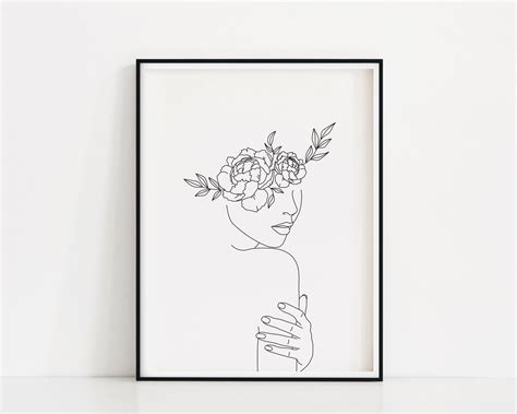 Minimal Line Art Drawing Woman With Roses Flowers Art Print By Utart