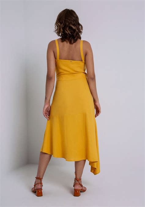 Vestido Midi Linho Assimétrico Com Fenda Lez A Lez